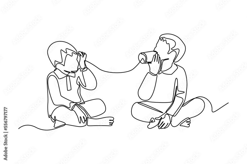 Continuous one line drawing happy little boys talk using string phone ...