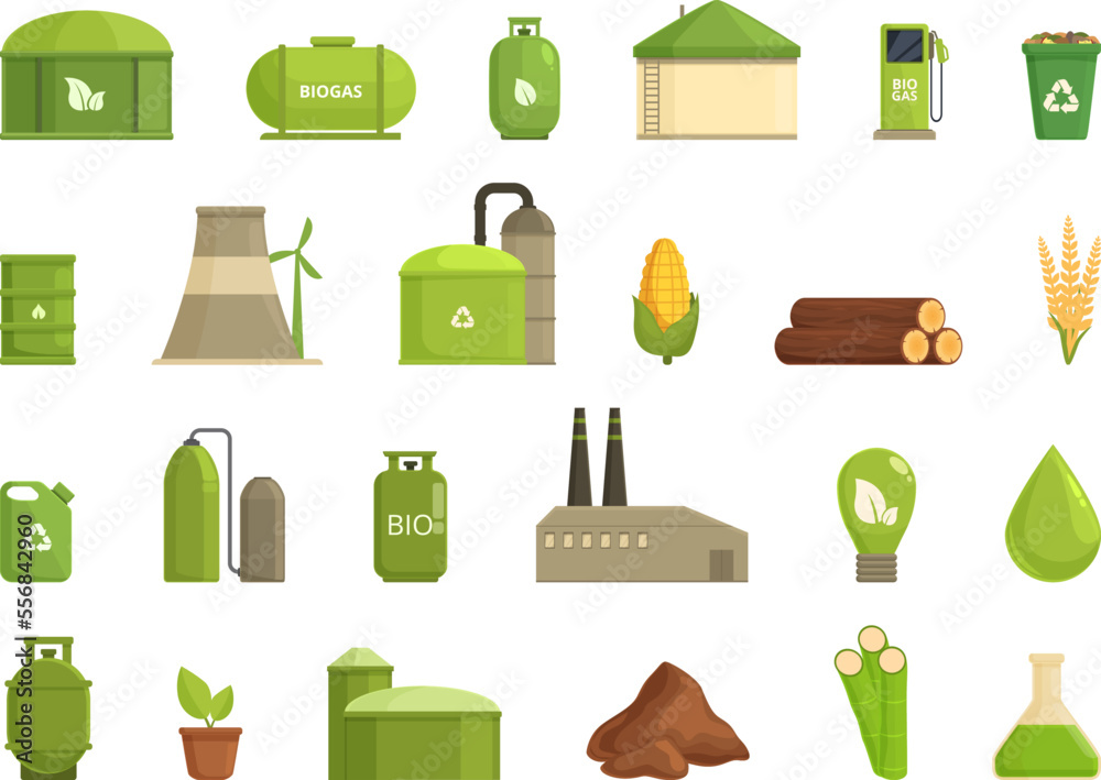 Biogas icons set cartoon vector. Biomass ethanol. Energy biofuel Stock ...
