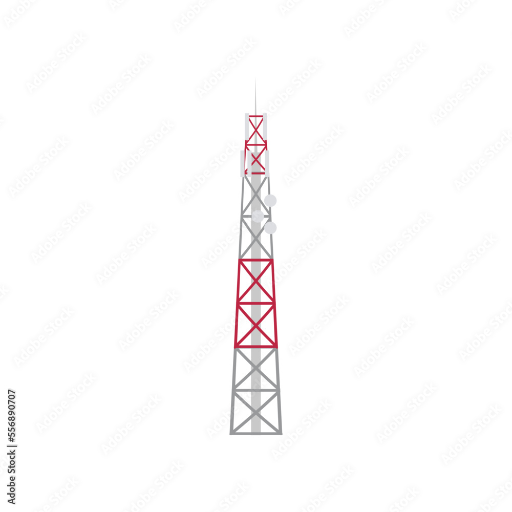 Radio signal station. Red and white radio tower cartoon illustration. Telecommunication concept ...