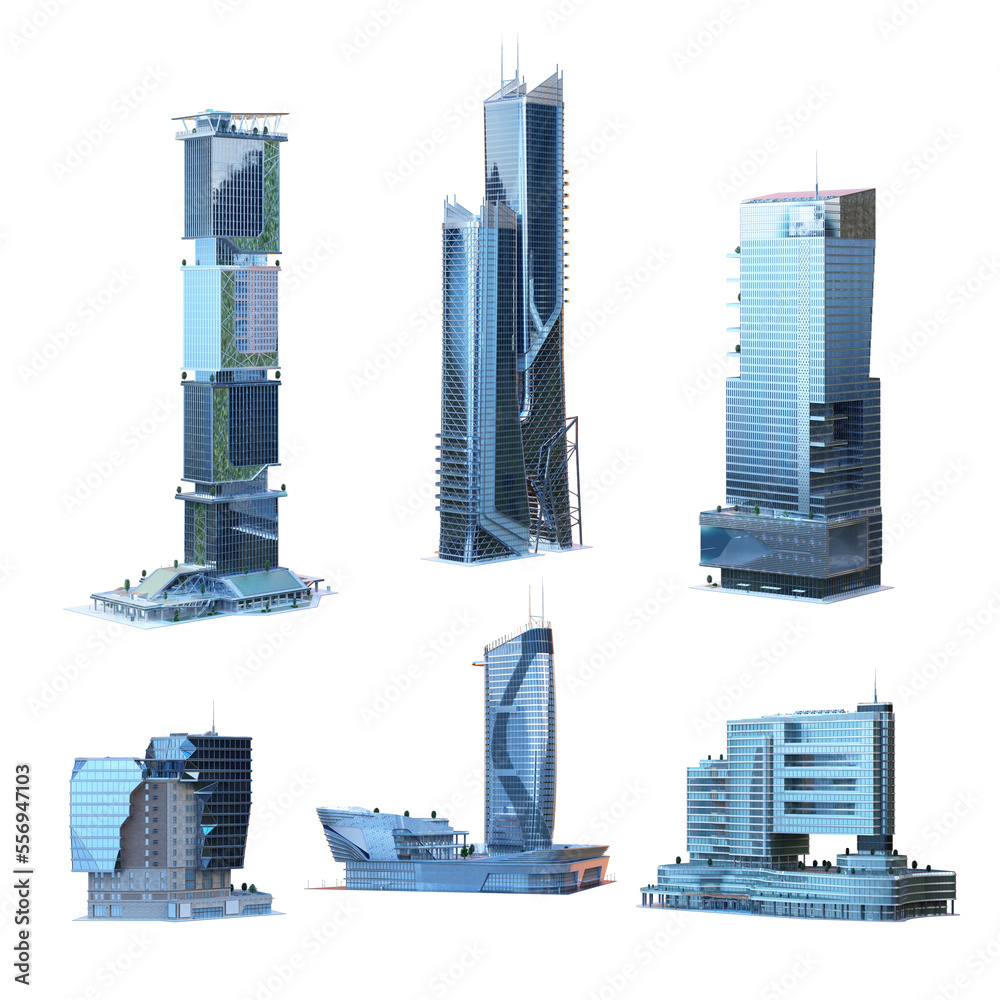 Skyscrapers, business towers, office, residential and commercial tall buildings set. Modern eco ...
