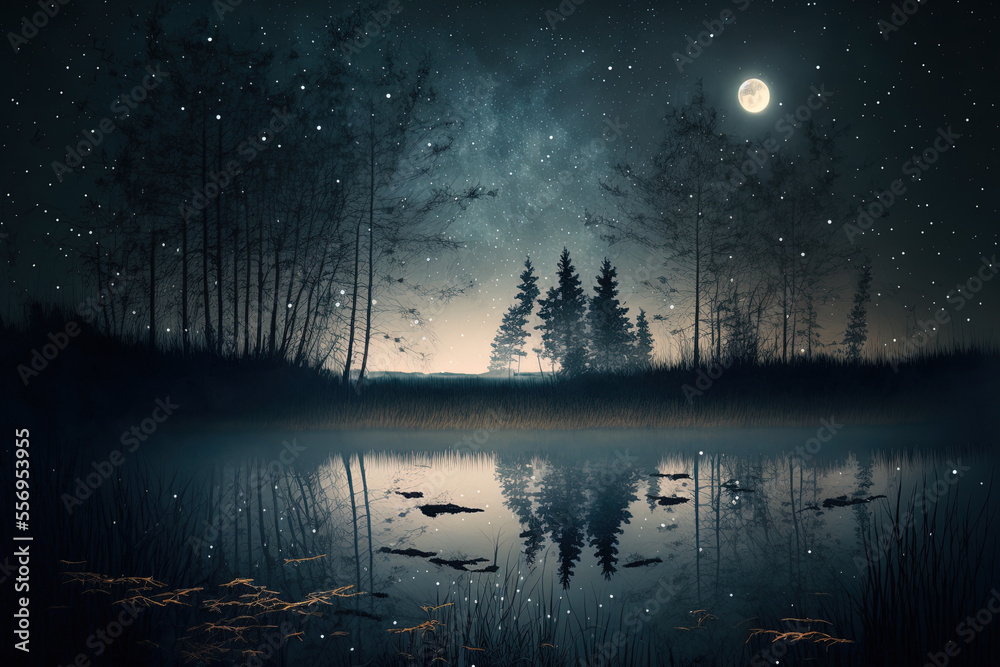 Trees and a tranquil lake in a marsh under a foggy night sky with stars ...