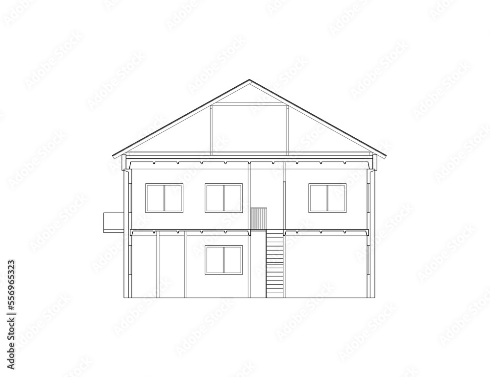 Detailed two-storey building. Cross-section house. Vector black and ...