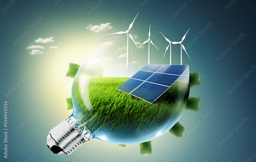 renewable energy background with green energy as wind turbines and solar panels. generative ai ...