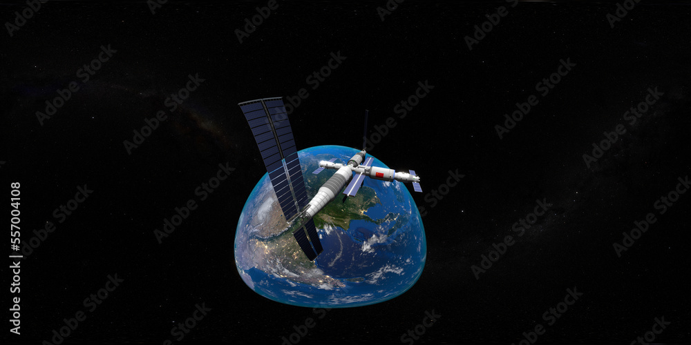 360 degree space background with Planet Earth and Tiangong Space ...