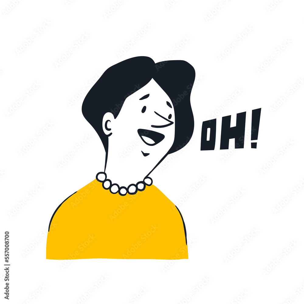 Touched Lady. Kind woman. Surprised person. Oh text. Facial expression ...