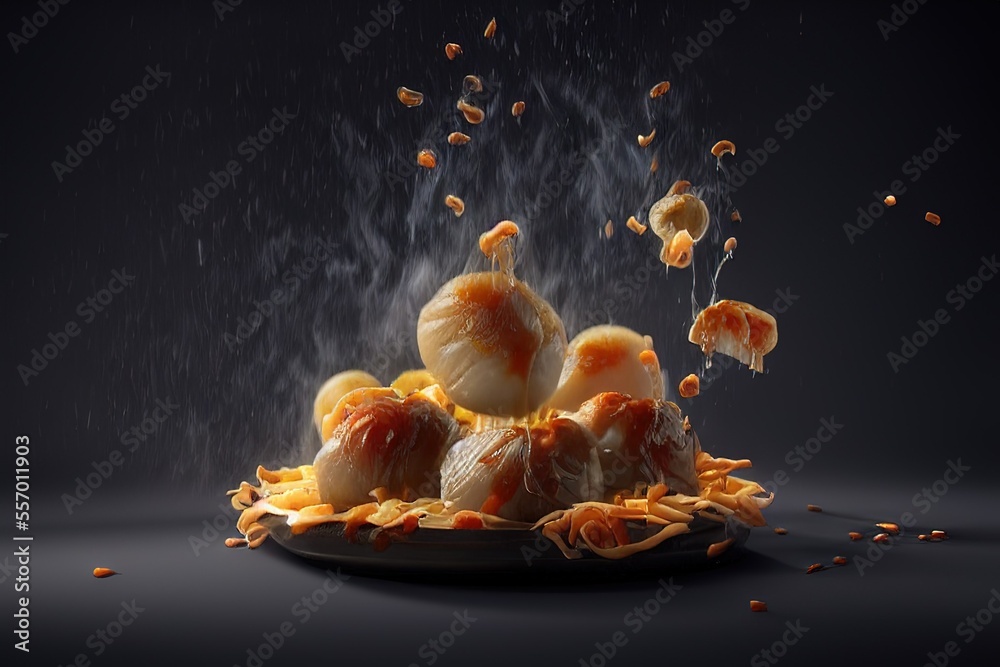 Hot momos with cheese splashing, cheesy, spicy, hot flaming, smoked ...