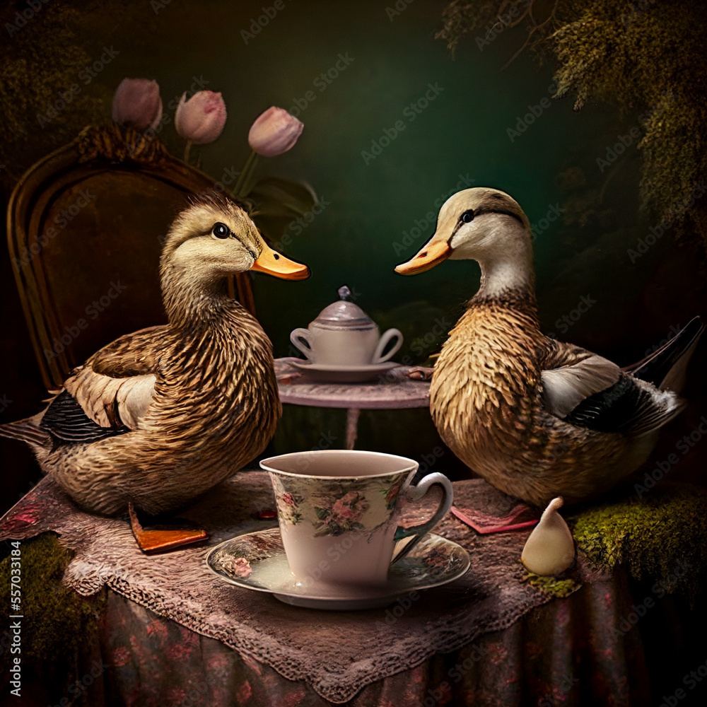 wo ducks having a tea party. generative AI picture. Stock Illustration ...