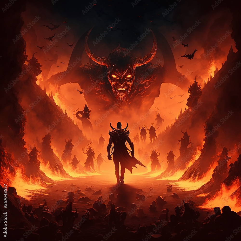 A view from hell. Lucifer and his warrior demons. Some angels who went ...