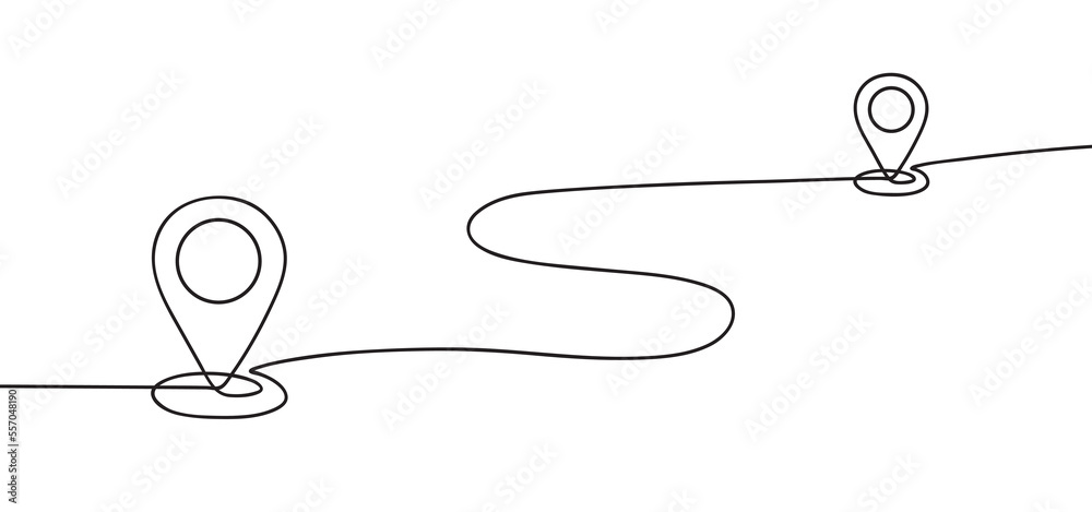 Continuous line drawing of paths and Location markers. Pin between two ...