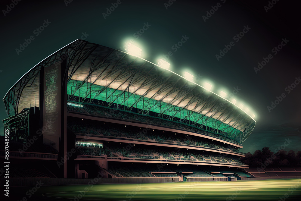 Fan filled illuminated cricket stadium at night, higher side view ...