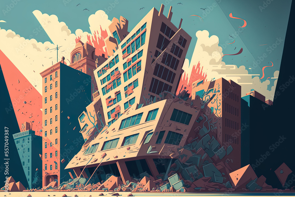 Cartoon of destroyed city structures. After a war or natural calamity ...