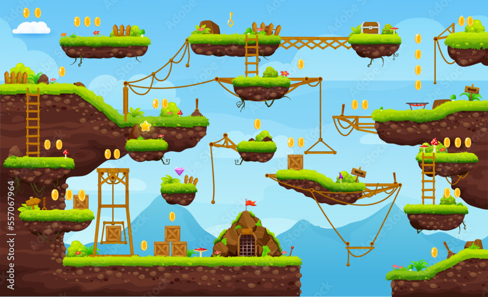 2d Arcade Game Level Map Interface Platform Stairs Coins Bonus And Box Icons Mobile Video