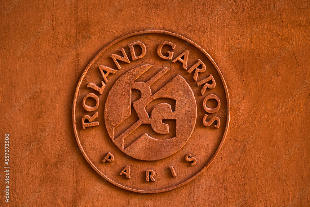 The official logo of Roland-Garros on a wall during the French Open ...