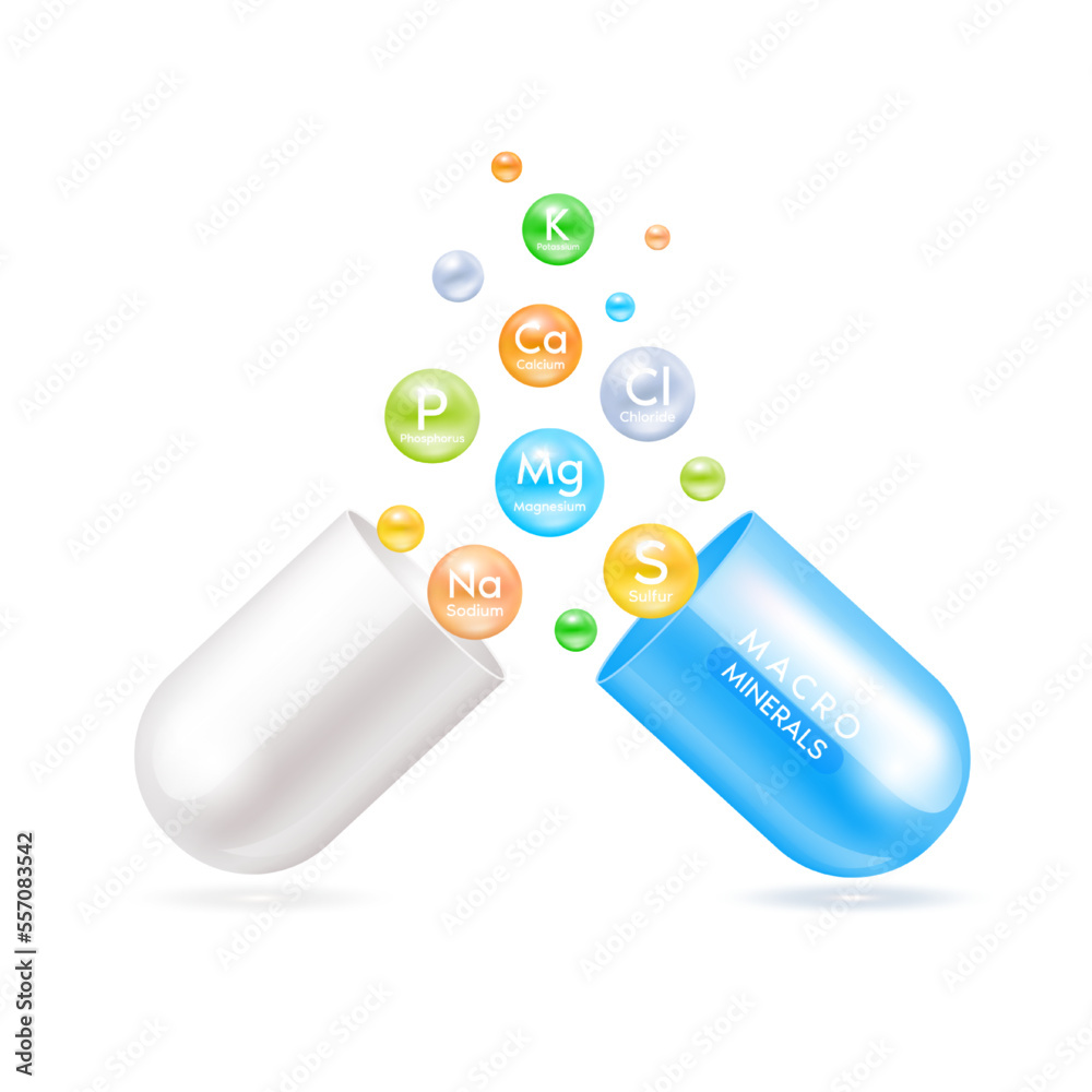 Macro minerals in capsule blue isolated on white background. Essential ...