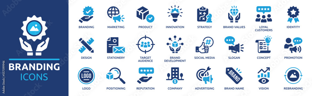 Branding icon set. Containing marketing, product, brand value, design ...
