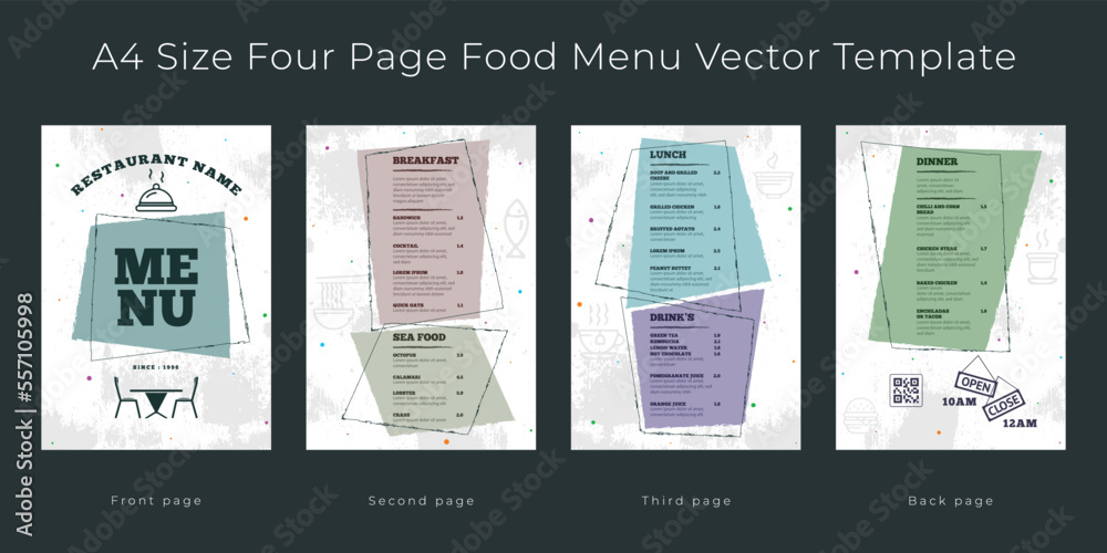 Restaurant cafe menu, template design, A4 size, Four page food menu ...