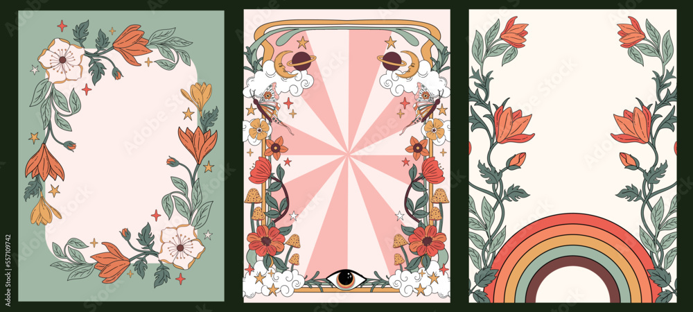 Retro 70s groovy Art Nouveau style flower background template set of 3 ...