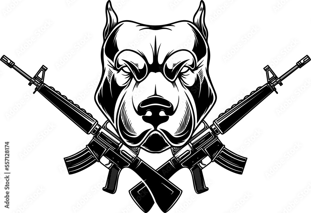 Angry dog head with crossed assault rifles. Design element for poster ...