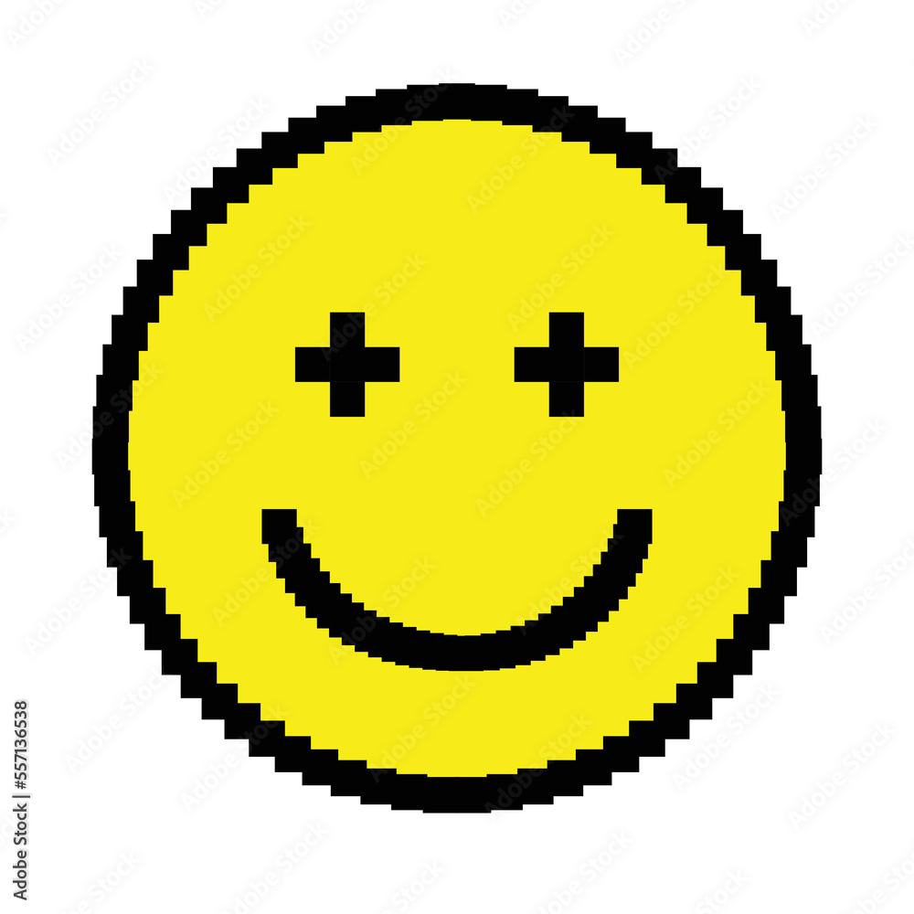 Smiling pixelated emoticon icon. Round cheerful character with crosses ...