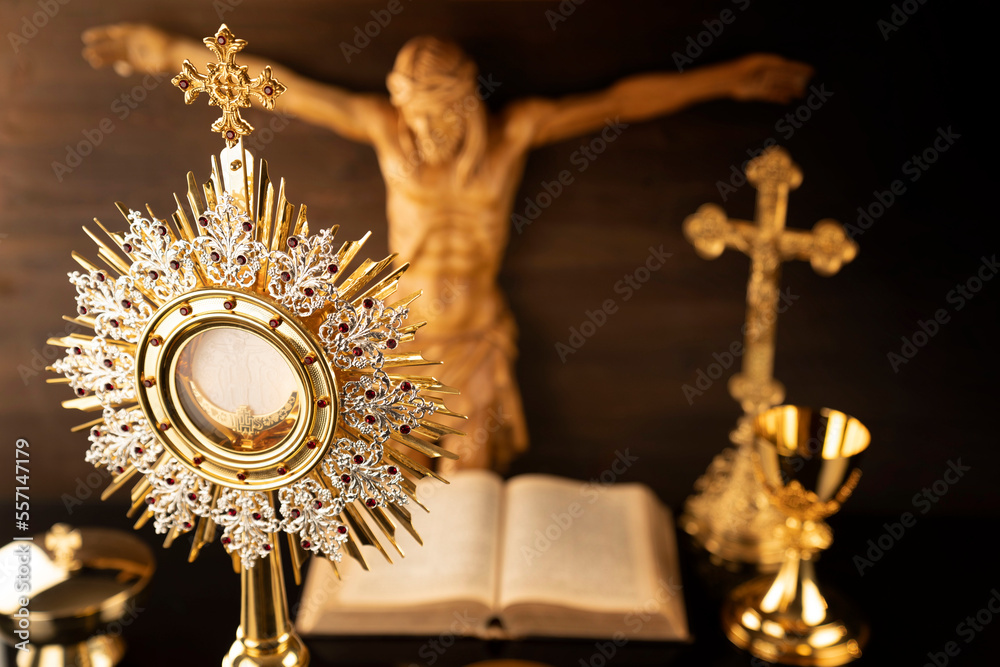 Catholic religion concept. Catholic symbols composition: cruciefied ...