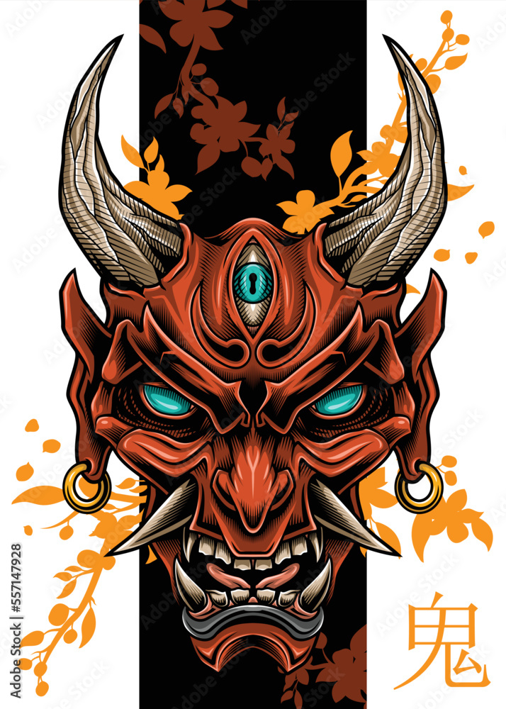 Red Oni mask. Vector illustration in engraving technique of horned ...