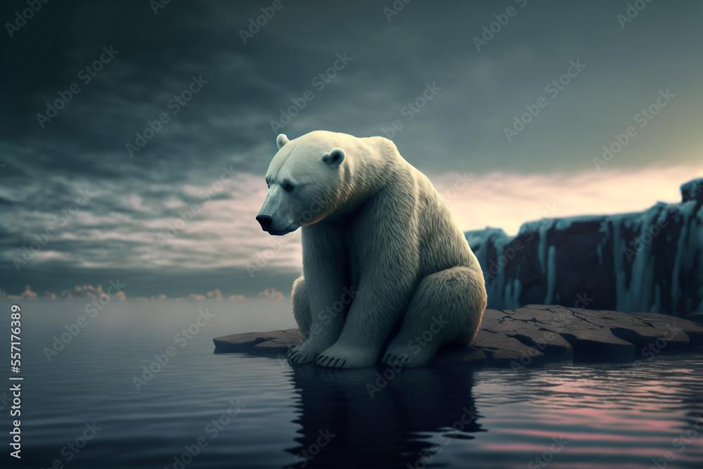 Illustration of a sad polar bear in the arctic at climate change ...