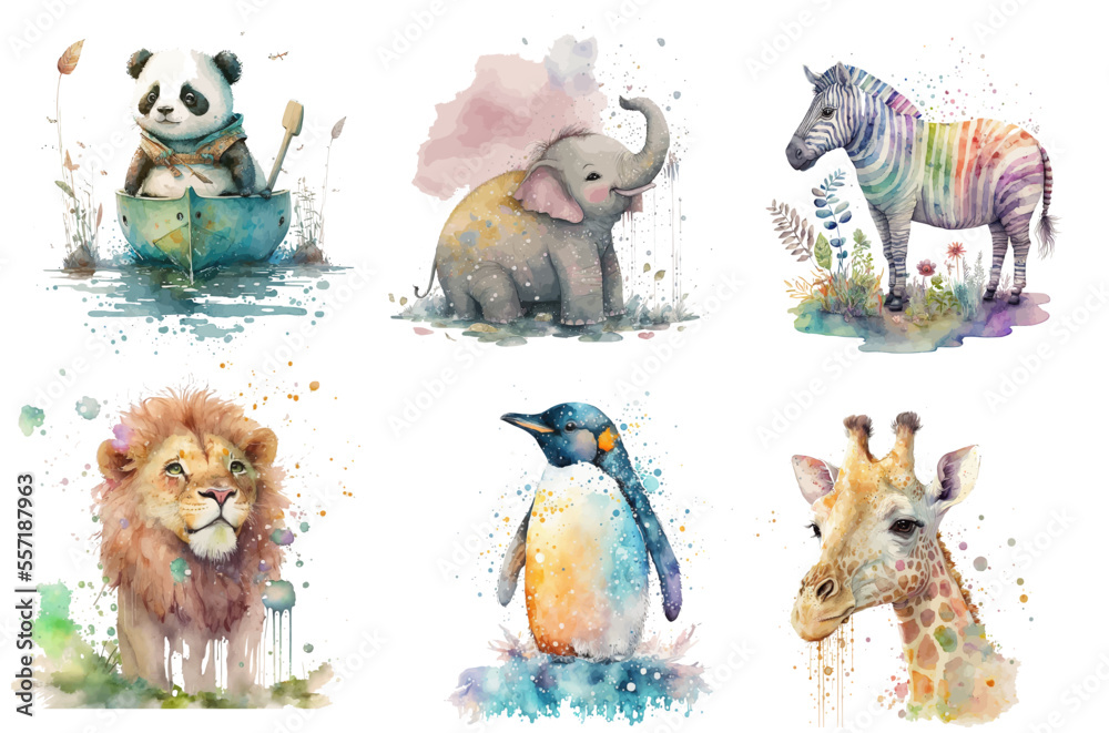 Safari Animal set penguin, elephant, panda, giraffe, zebra, lion in ...