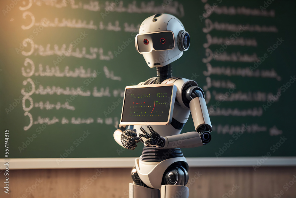 Humanoid education robot teacher in front of a school classroom ...