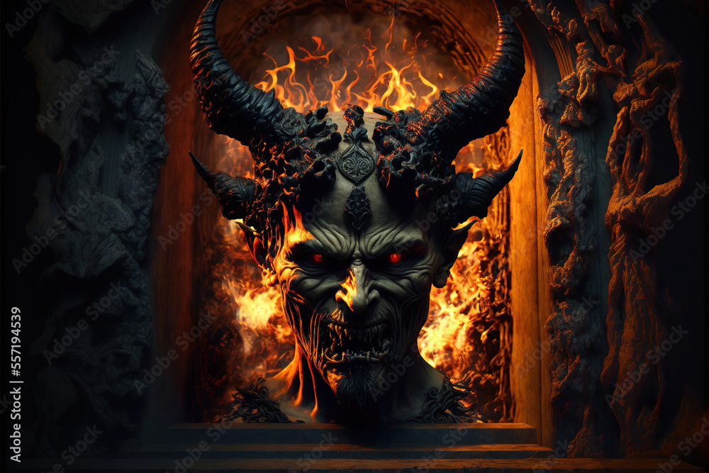 portrait of the satan in front of the gates of hell with flames and ...