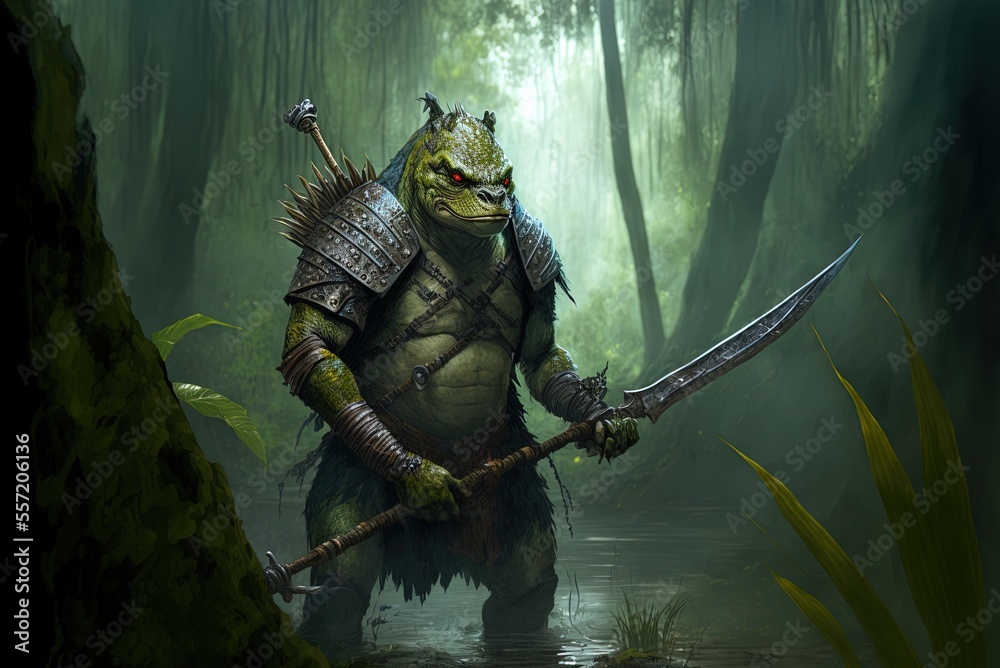 Fantasy artwork depicting a lizard knight armed with a massive sword ...