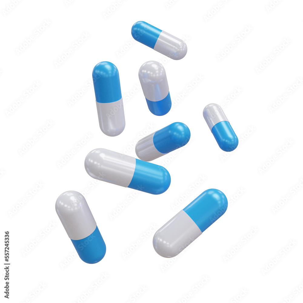 White and blue capsules isolated on transparent background. 3d render ...