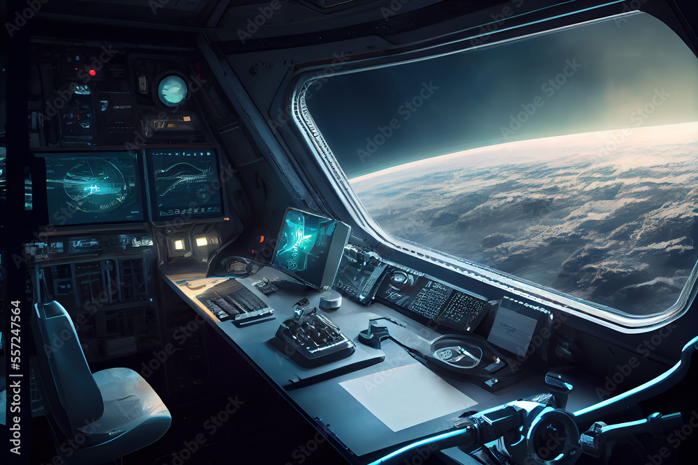 Spaceship cockpit, spacecraft control desk, space theme, generative AI ...