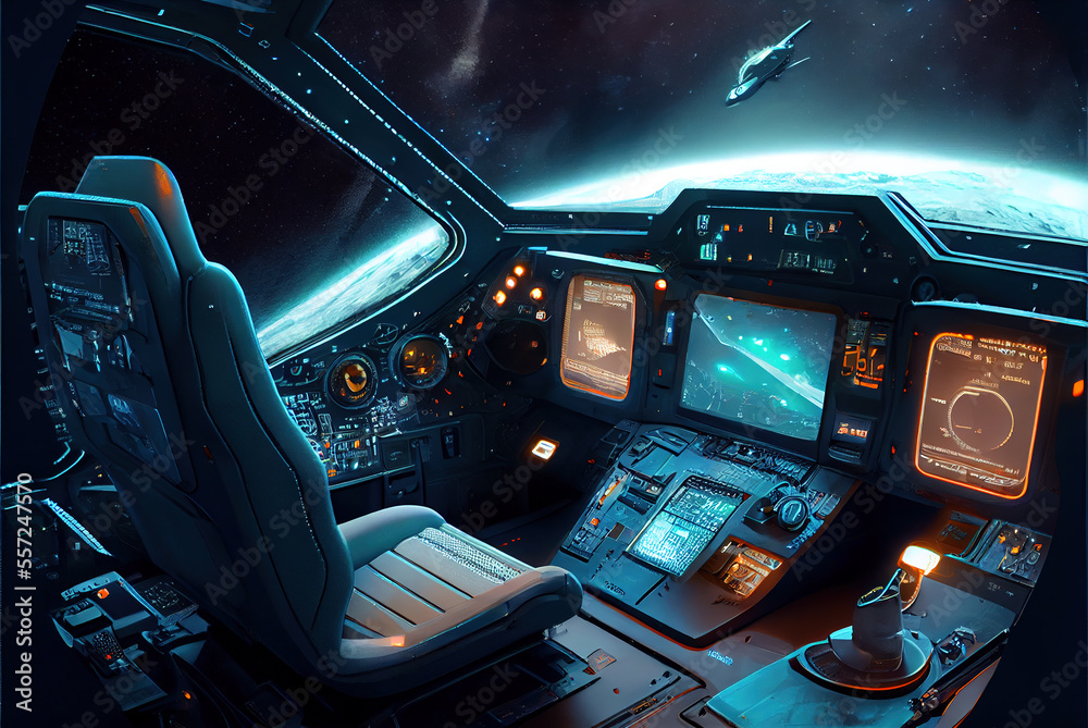 Spaceship cockpit interior, spacecraft control room with planet view in space. Concept of ...