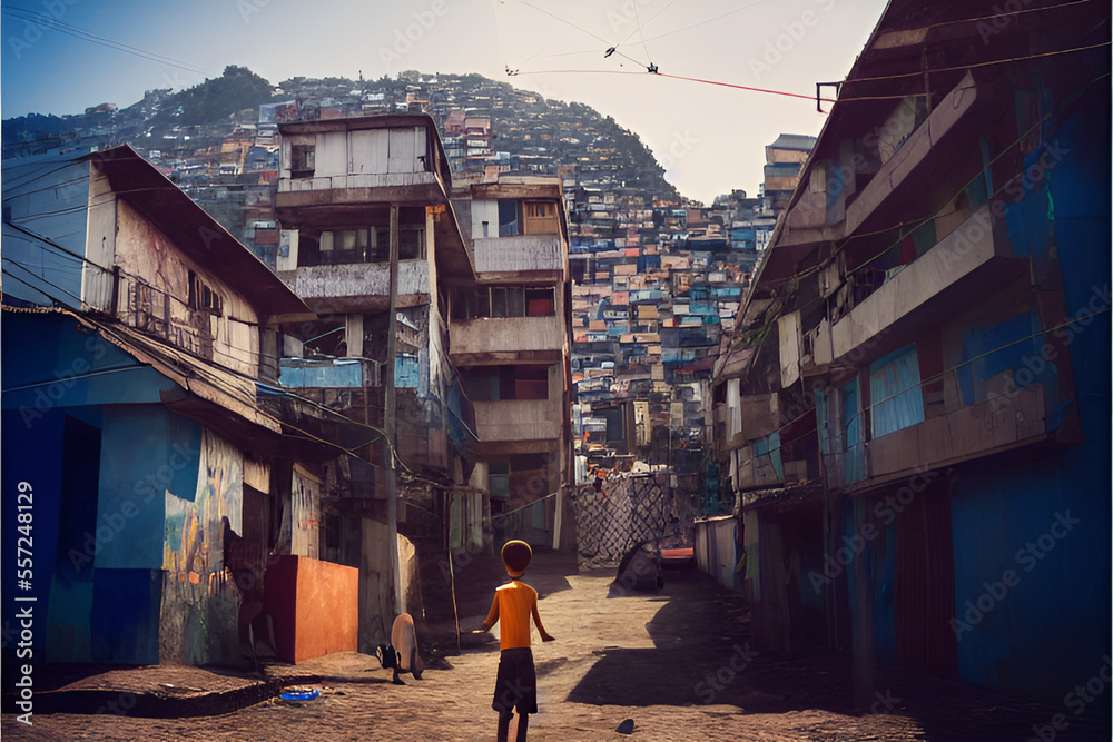 Overcrowded slums with multi-story square houses and shops built with ...
