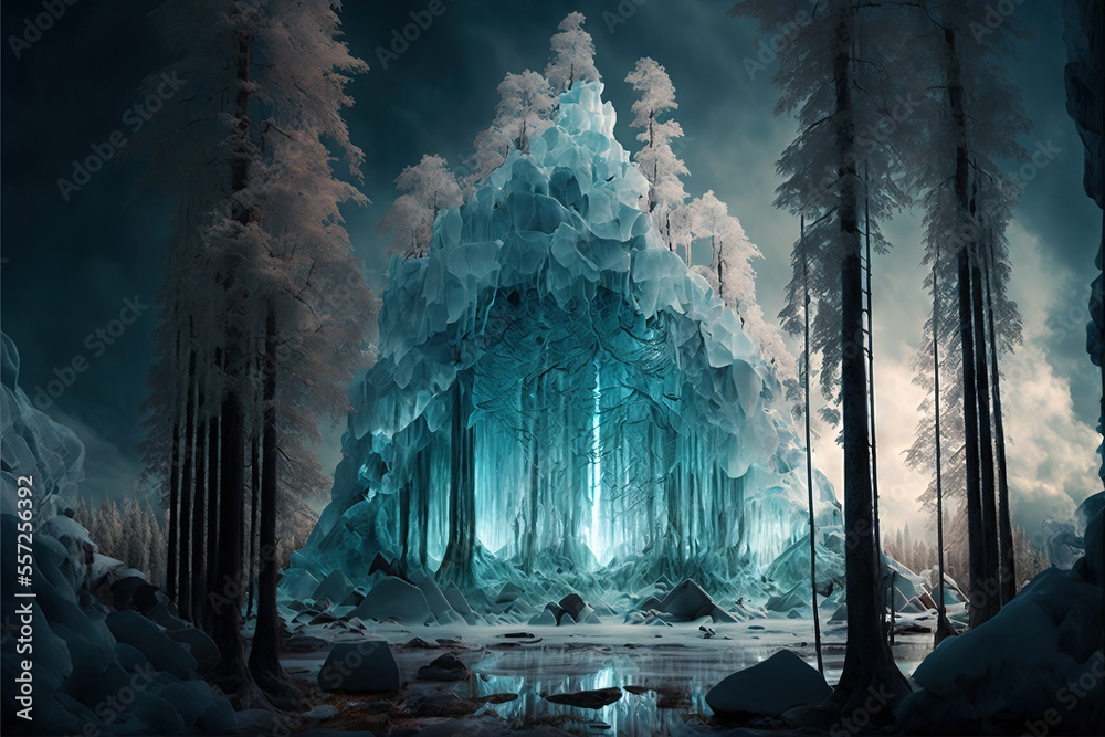 a painting of a frozen forest with a waterfall and ice formations on ...