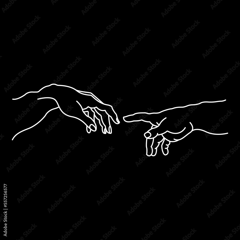The Creation of Adam by Michelangelo. Touching fingers. Art. Black and ...