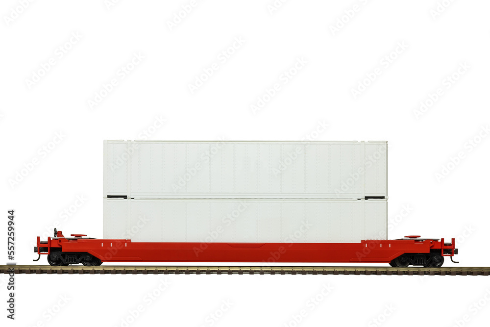 Red Double Stack Intermodal Railroad Freight Car On Train Track Stock ...