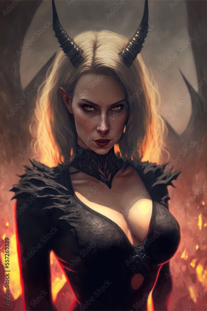 Ilustración de Stock Sexy blonde demoness devil woman in black outfit, summoned from hell ...
