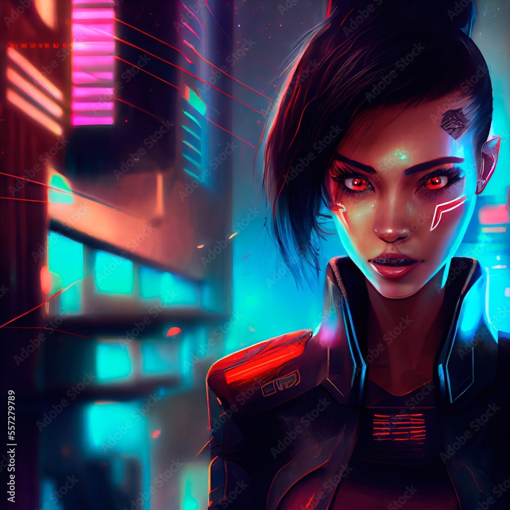 Portrait of a sci-fi cyberpunk girl. High-tech futuristic woman from ...