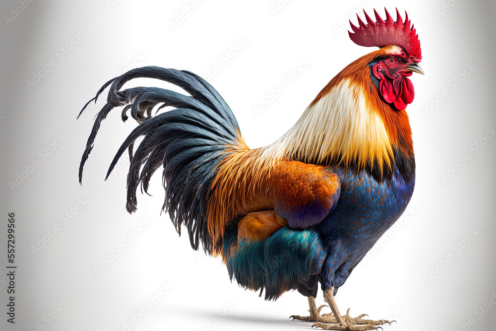 Male rooster in full color roaming free, isolated on a white backdrop ...