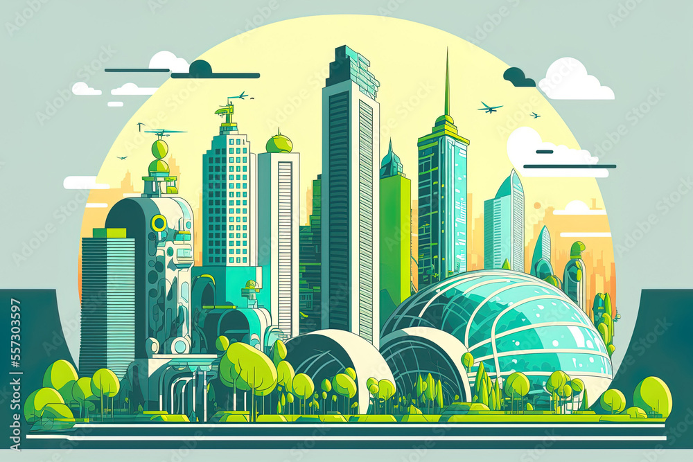 Future city horizontal drawn picture with suncartoon style cityscape ...