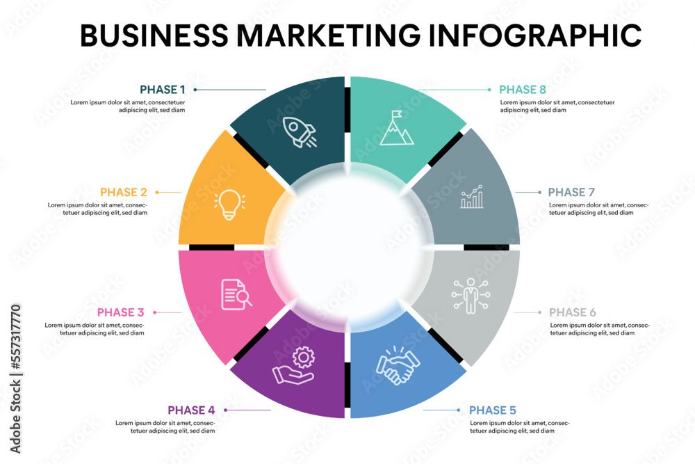 Pie chart circle infographic template with 8 options, steps, parts, segments. Business concept ...