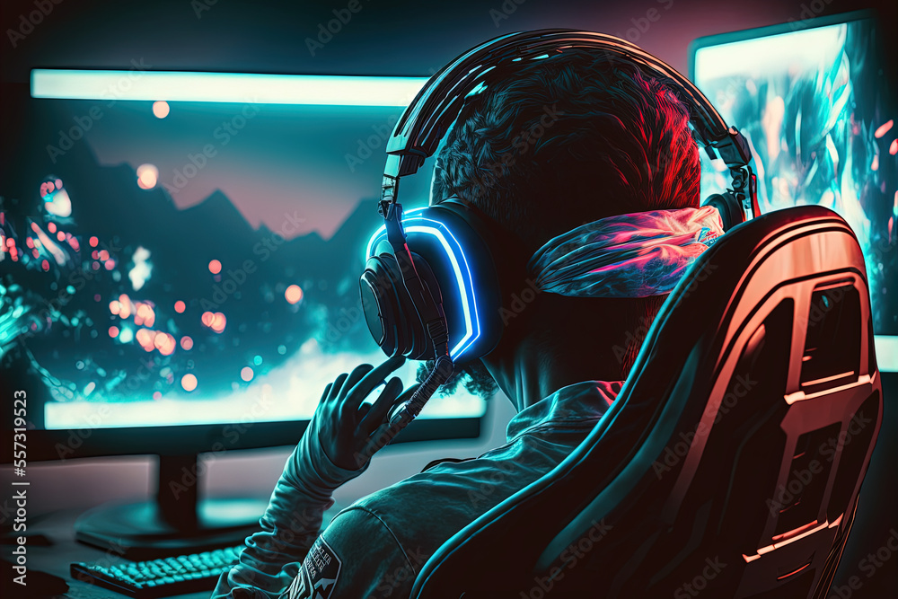 Concentrated gamer playing virtual game on powerful computer at home ...