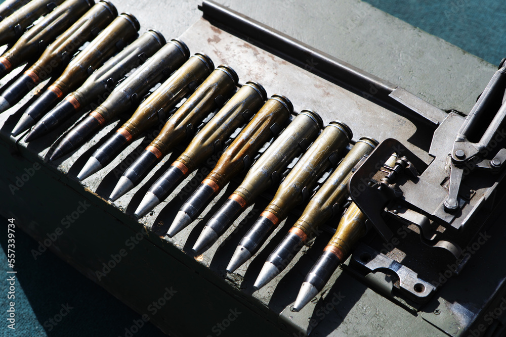ภาพถ่าย Stock Machine Gun Ammo. Model Of Ammunition For Reloading Large 