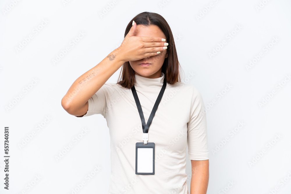 Young caucasian woman with ID card isolated on white background ...