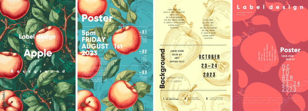 Apples. Typography design. Set of flat vector illustrations. Vintage ...