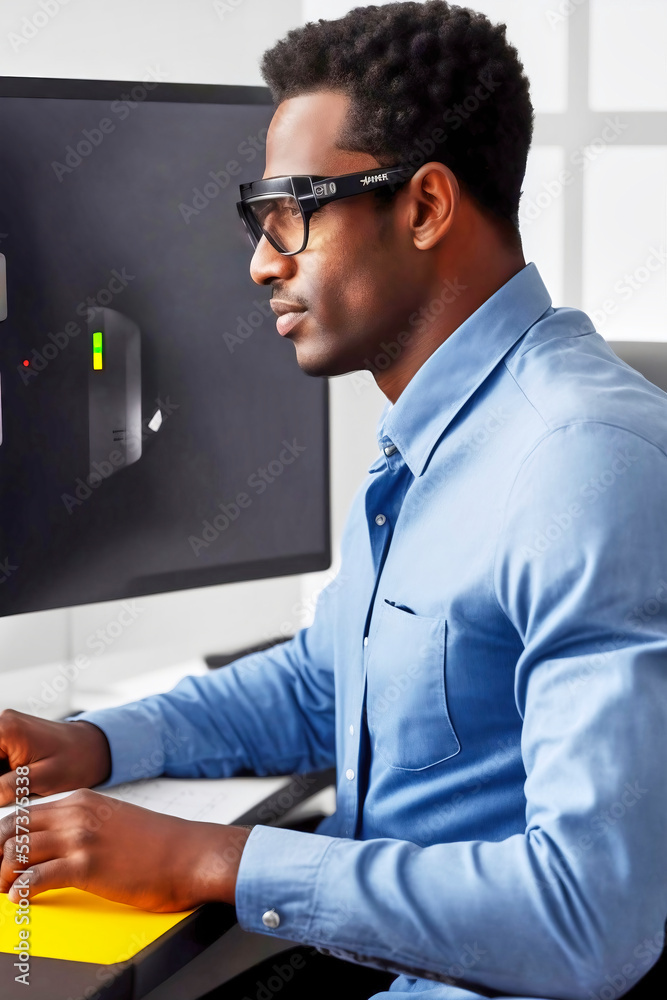 Black engineer with camera glasses working in front of a monitor in the ...