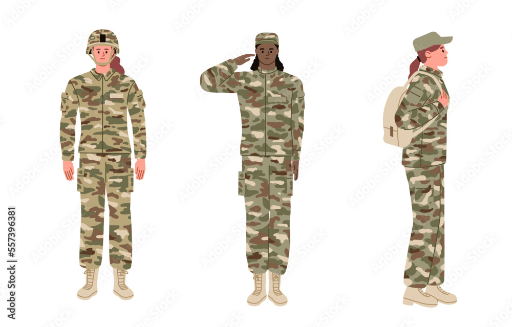 Women soldiers set. Female soldiers in the army. Infantry. War fighters ...