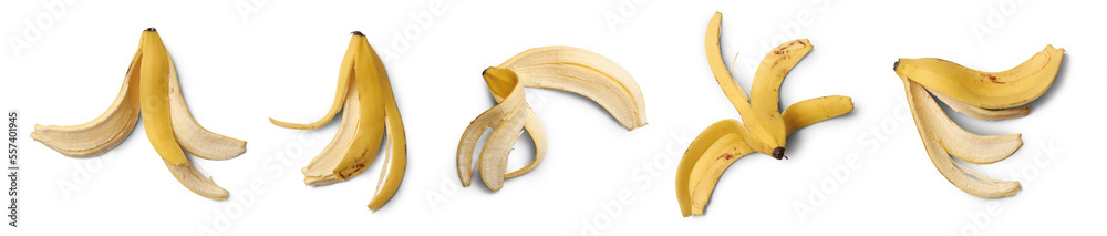 set of banana peels isolated, food waste or kitchen scrape management ...