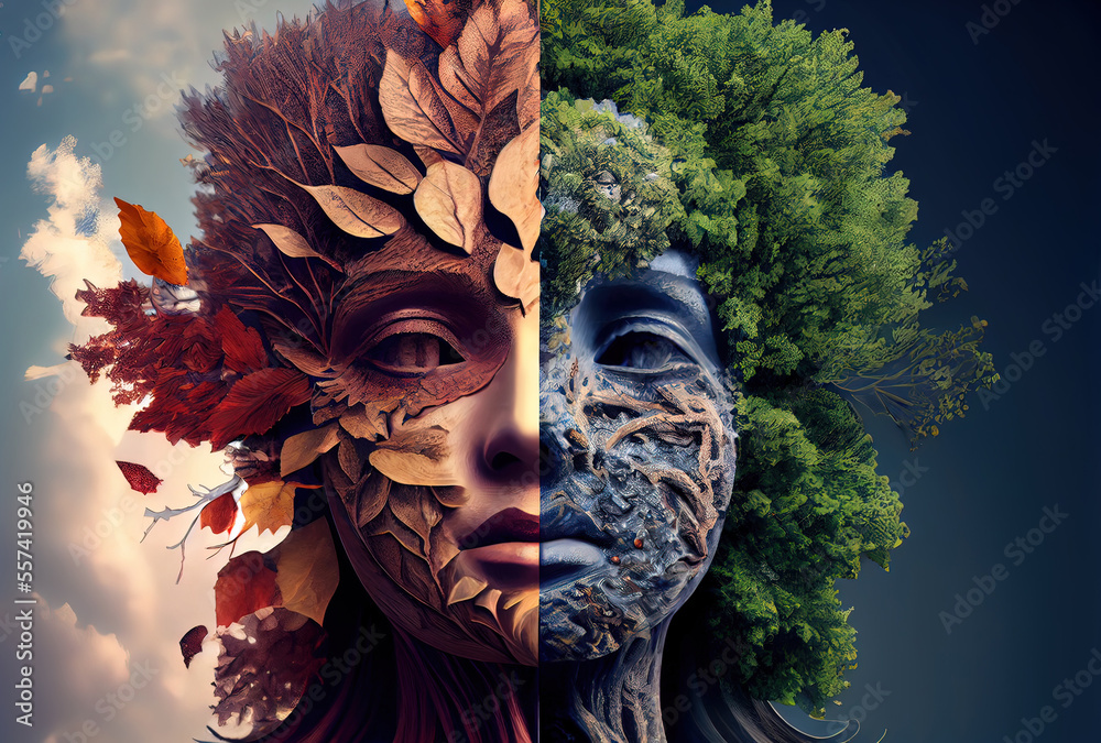 Generative AI illustration of the four temporal seasons in one face ...